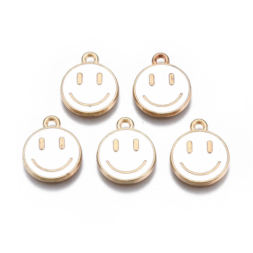 Enamel Alloy Charms, Happy Face, White, Light Gold, 14x12mm – Bead Lot