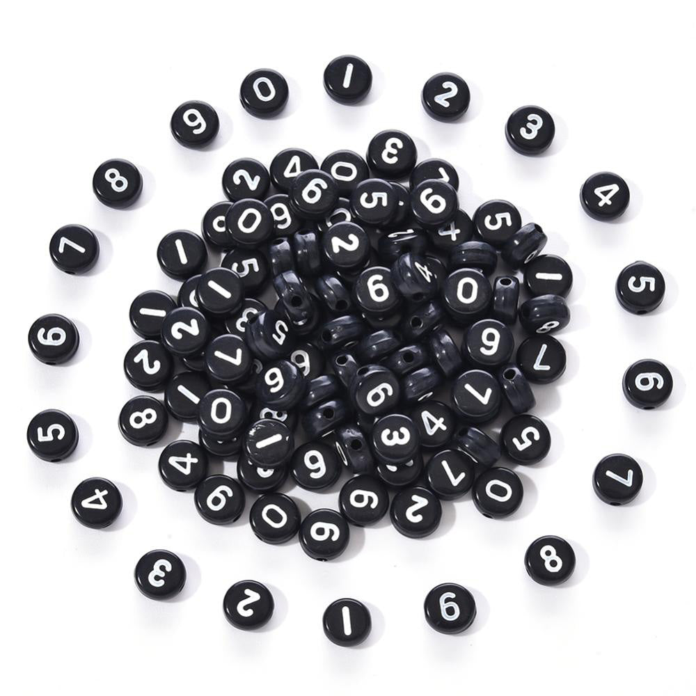Acrylic Number Beads, Black Beads with White Numbers, 7mm, 100pcs/pack ...